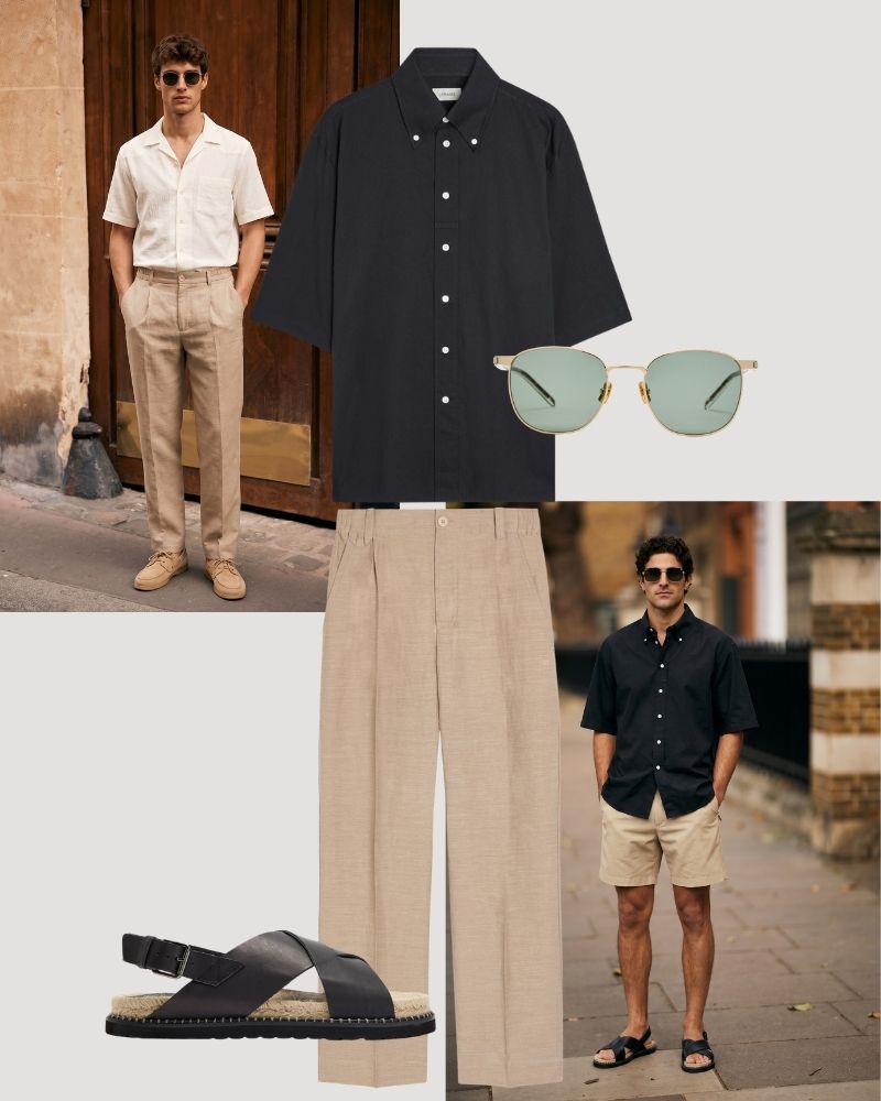Mens summer outfit featuring a navy short-sleeve button-down shirt%2C beige tailored trousers%2C sandals and sunglasses in a styling collage with streetwear inspiration