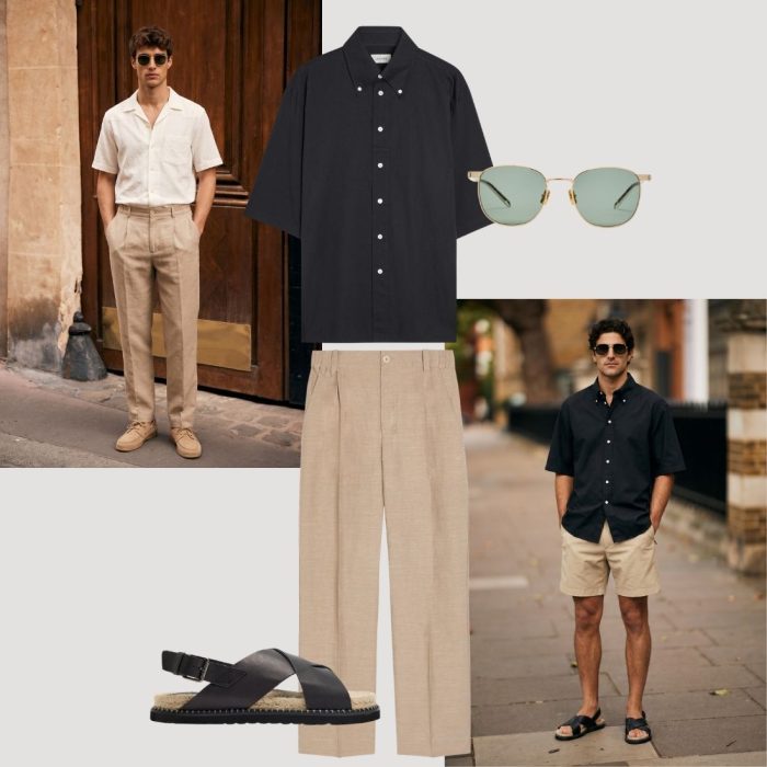 Mens summer outfit featuring a navy short-sleeve button-down shirt, beige tailored trousers, sandals and sunglasses in a styling collage with streetwear inspiration