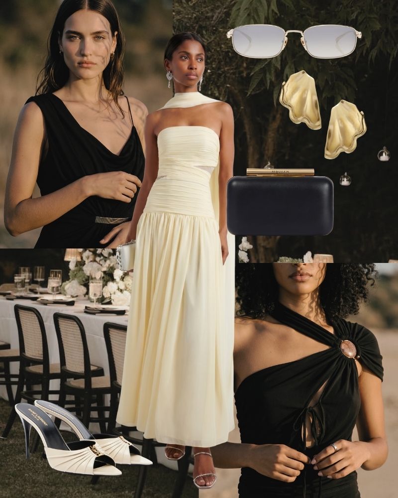 Wedding guest style collage featuring ivory and black evening dresses%2C statement accessories and heels in an outdoor reception setting