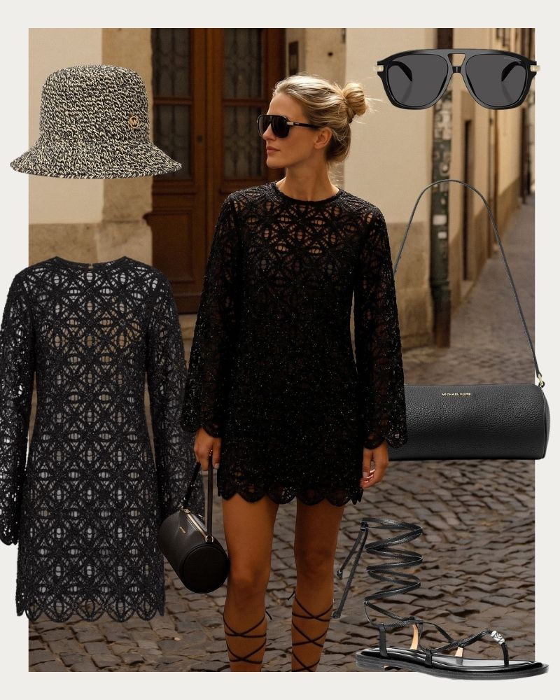 Model in a black crochet mini dress with sunglasses%2C bucket hat%2C barrel bag and lace-up sandals on a cobblestone street
