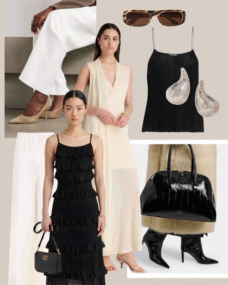 Fashion collage featuring black and ivory dresses%2C tailored separates%2C statement accessories and patent leather boots on a neutral studio backdrop