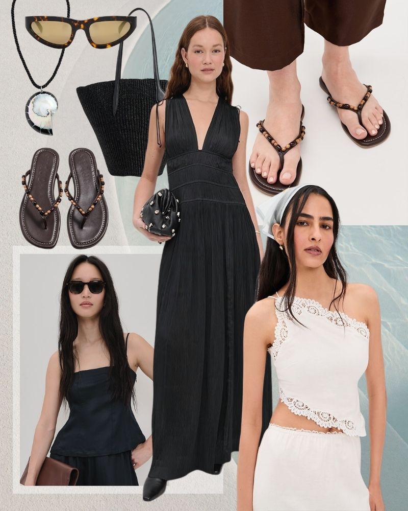 Summer fashion collage featuring a black pleated maxi dress%2C lace-trim separates%2C beaded sandals and woven tote bag on a neutral backdrop