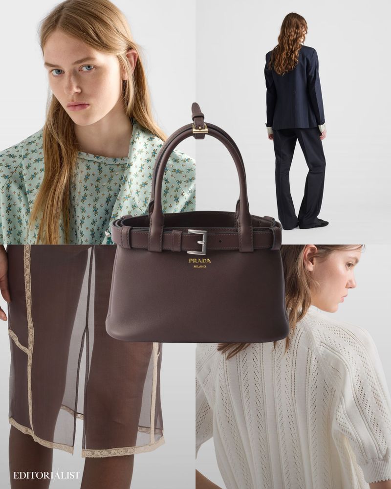Prada brown leather tote bag with belt detail%2C paired with floral blouse%2C navy suit%2C sheer skirt%2C and cream knit sweater in minimalist fashion collage