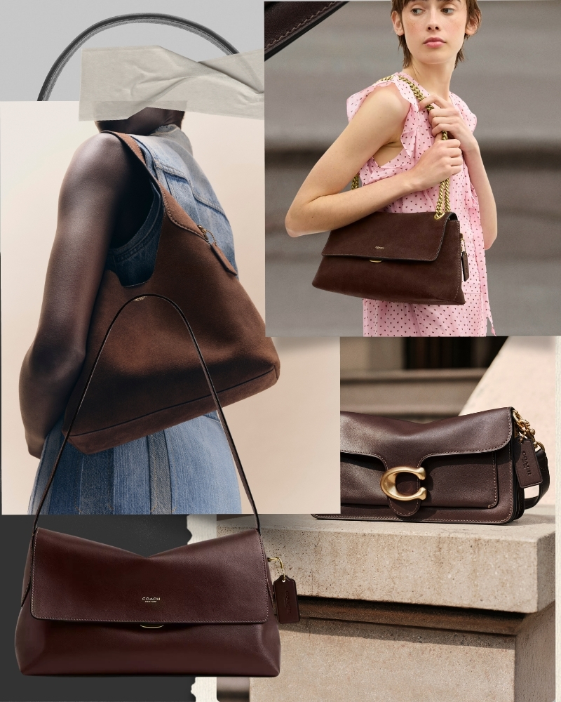 Coach brown shoulder bags in suede and leather with gold hardware%2C styled across casual and polished fall looks