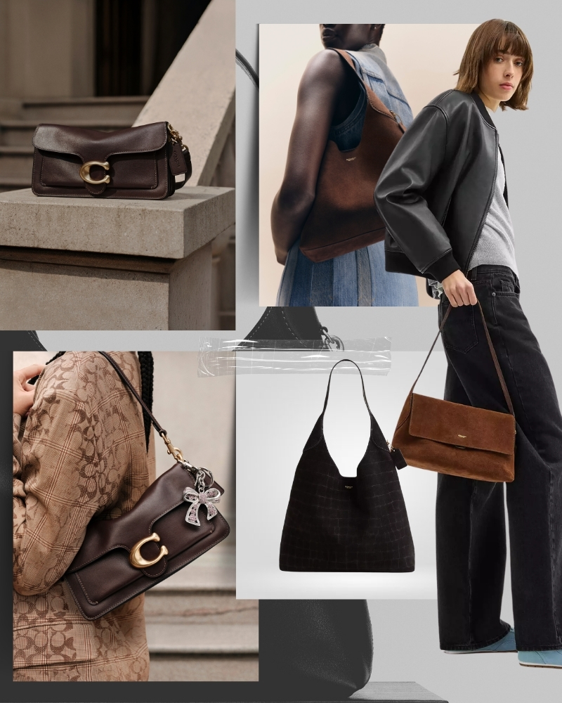 Coach leather handbags collection featuring shoulder%2C hobo and suede crossbody bags styled with modern city fashion looks