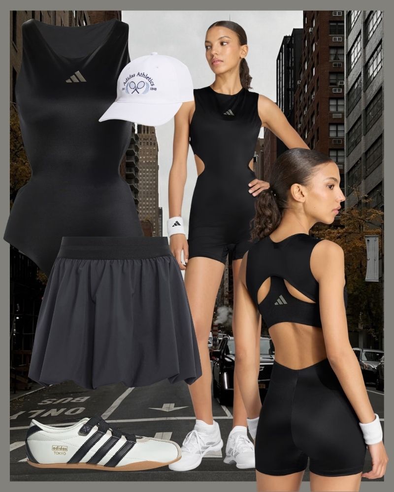Adidas black activewear collection with cutout bodysuits%2C skirt%2C cap and Tokyo sneakers against a city backdrop