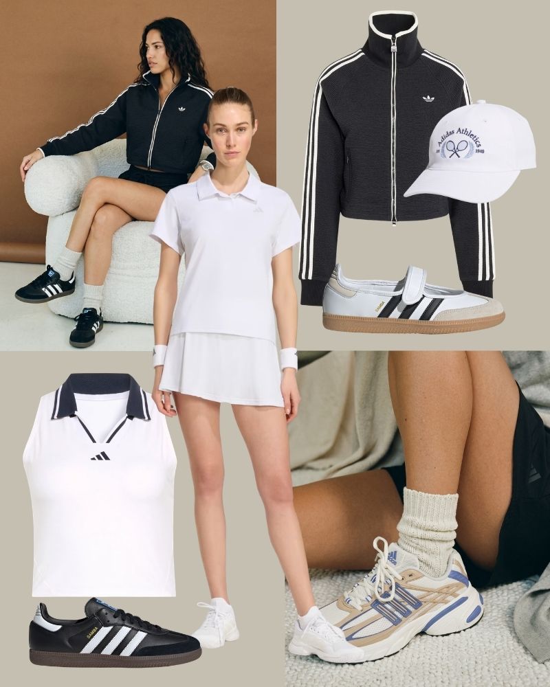 Adidas tennis outfit collage featuring a white polo dress%2C track jacket%2C sneakers and sporty accessories on a neutral backdrop%0A