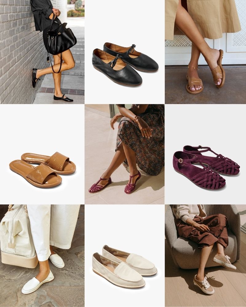 Beek footwear collage featuring leather flats%2C sandals and sneakers styled with effortless neutral outfits for everyday wear