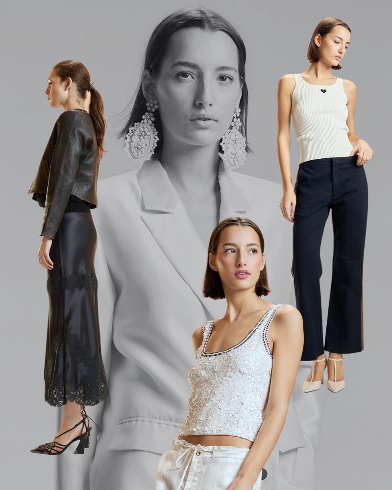 Cynthia Rowley fashion collage featuring sequined tops%2C tailored separates and lace-trim skirts on a neutral backdrop