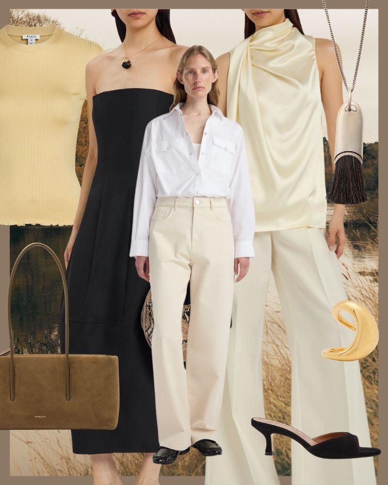 Luxury fashion collage featuring neutral tailored outfits%2C suede tote bag and heeled mules against a serene lakeside backdrop%0A
