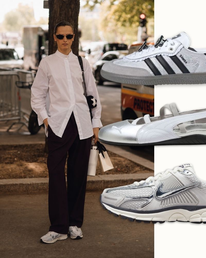 Street style collage featuring Adidas Samba%2C Puma ballet flats and Nike sneakers with a crisp white shirt in the city