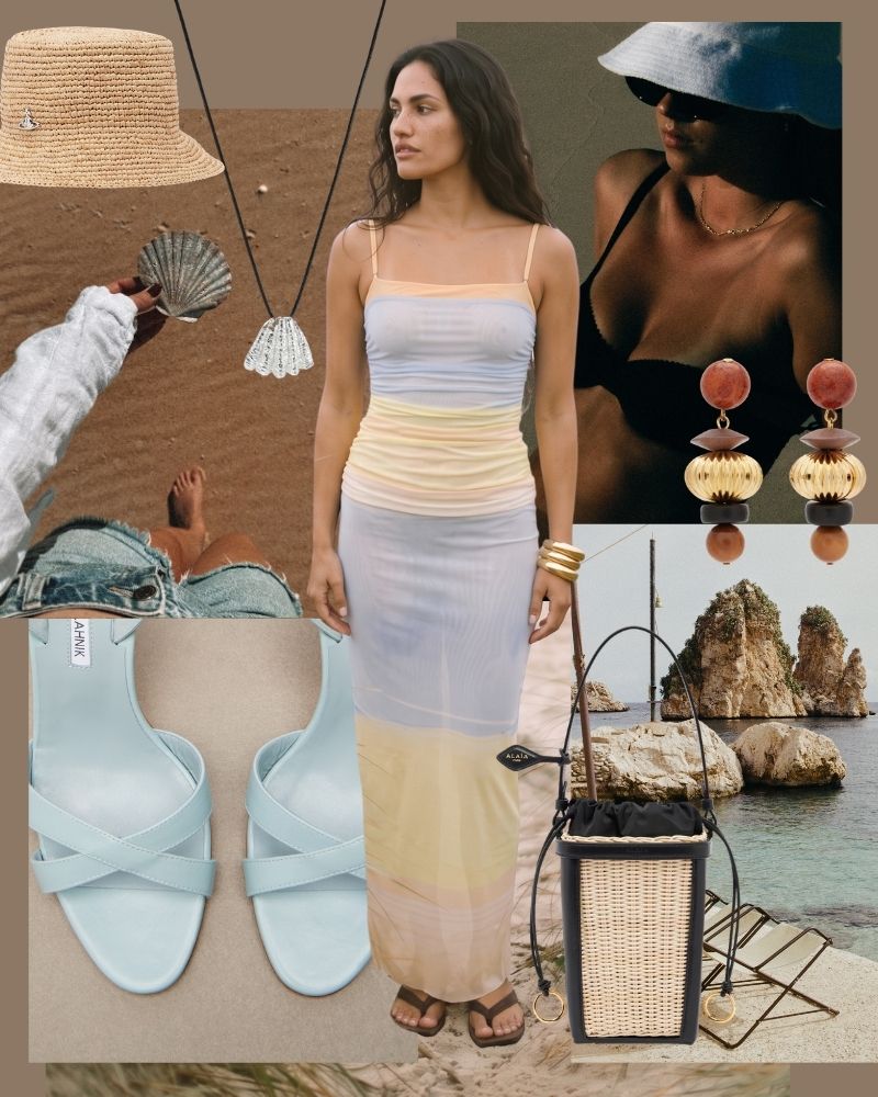 Vacation mood board featuring a pastel ombr%C3%A9 maxi dress%2C beach accessories and woven bucket bag against a coastal backdrop%0A