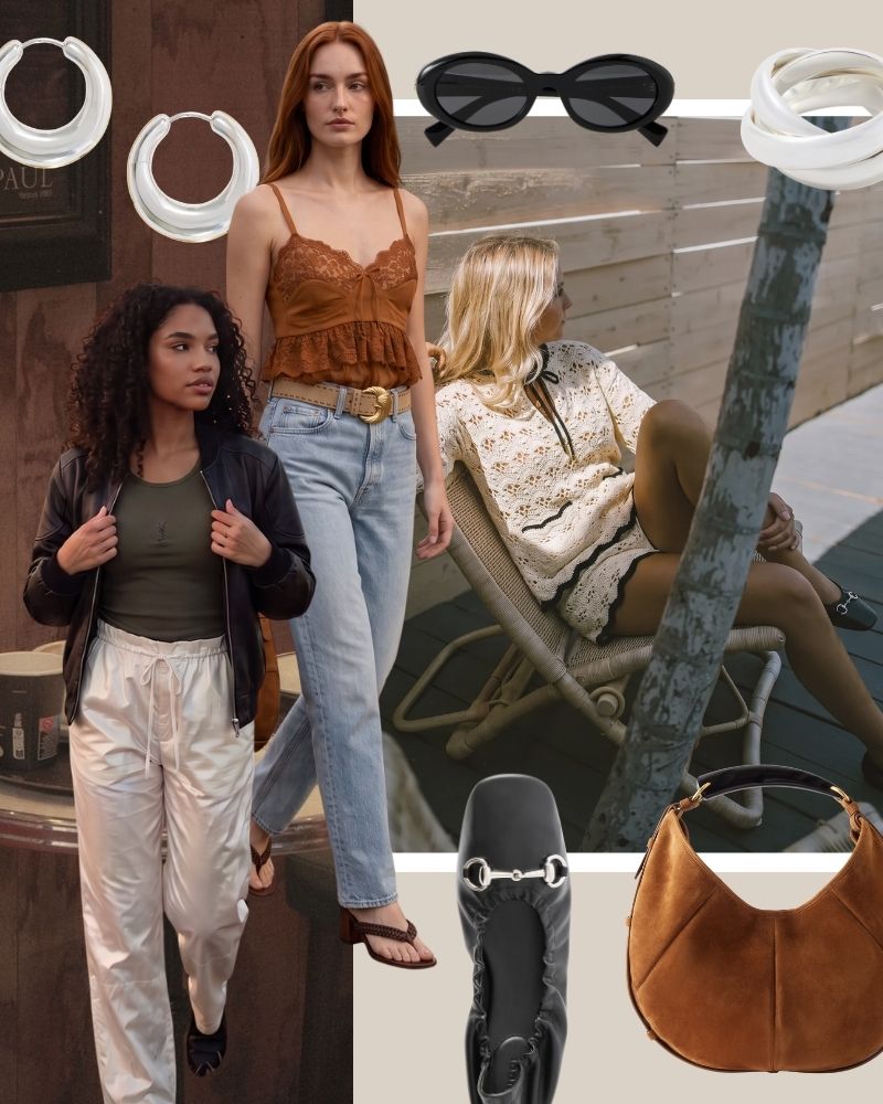 Net-a-Porter fashion collage featuring suede hobo bag%2C leather loafers and relaxed neutral outfits in chic street settings