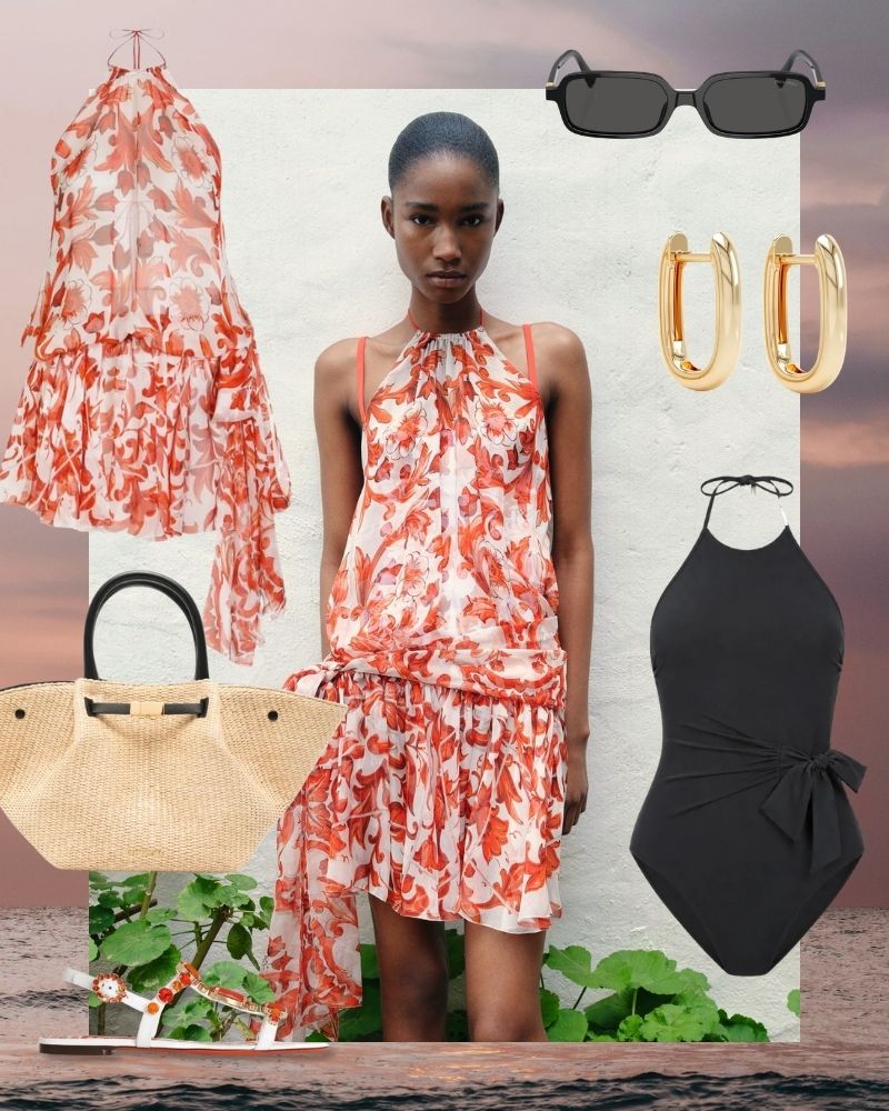 Floral halter mini dress styled with a woven tote%2C black swimsuit and gold hoop earrings in a summer fashion collage