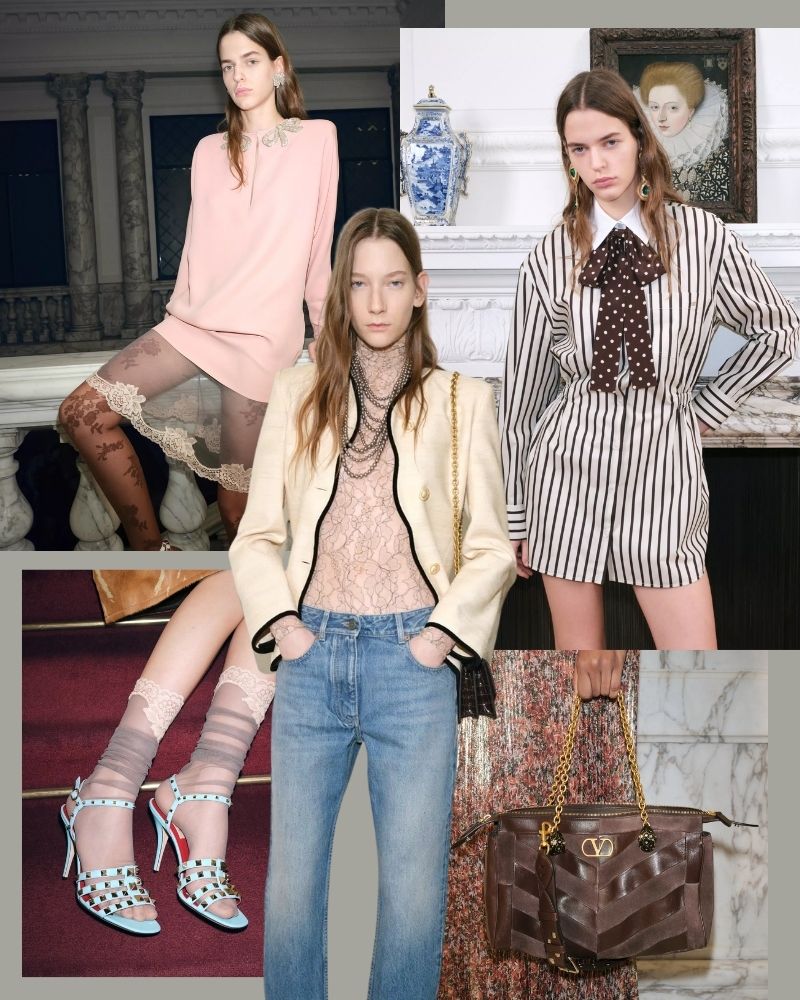 Valentino-inspired fashion collage featuring lace%2C striped tailoring%2C denim%2C chain bag and studded heels in an editorial setting