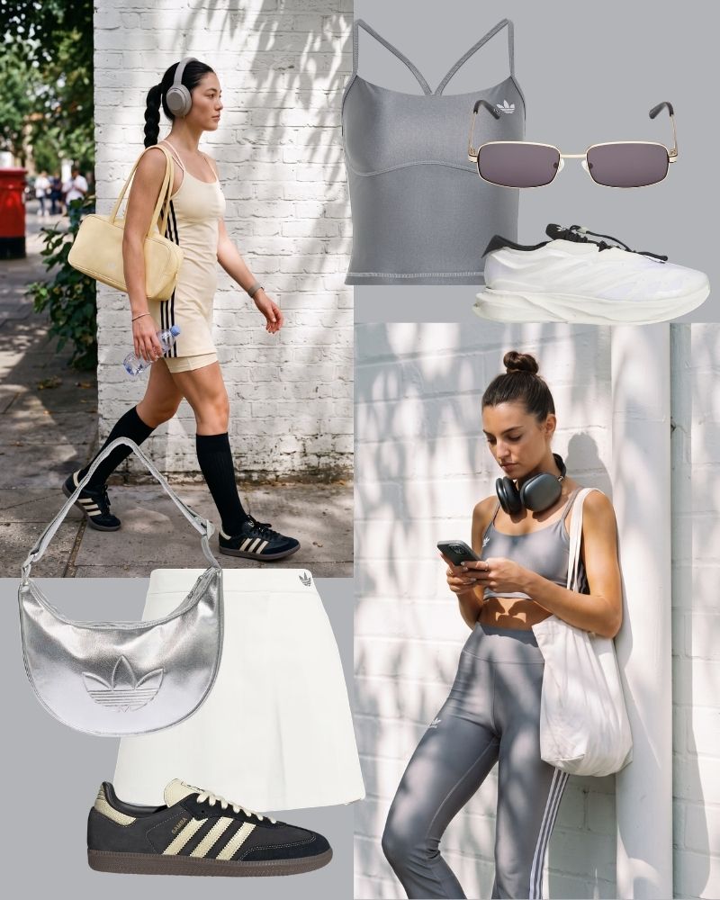 Adidas fashion collage featuring activewear%2C Samba sneakers and metallic shoulder bag with street style looks