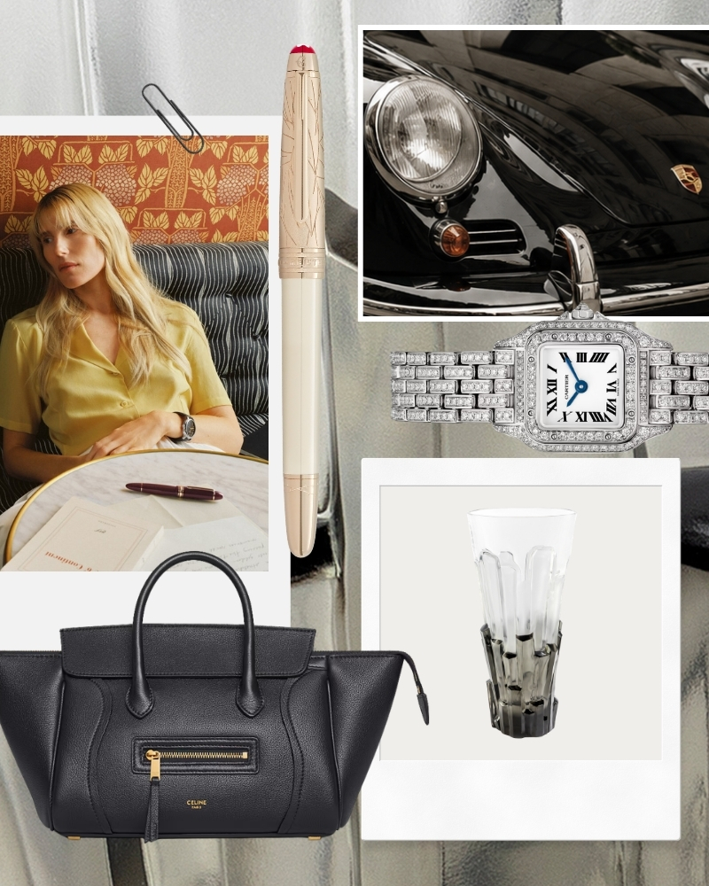 Celine Luggage tote%2C Montblanc pen%2C Cartier watch and luxury lifestyle essentials arranged in an elegant editorial collage%0A