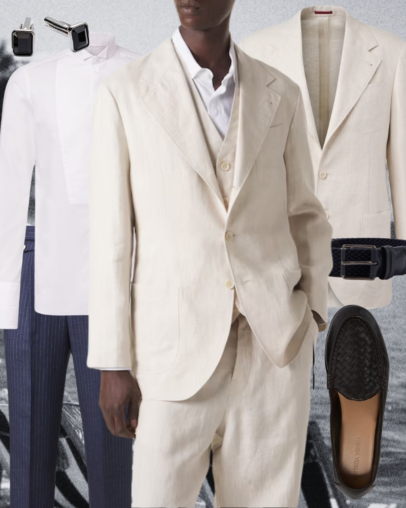Men%27s ivory linen suit styled with a white shirt%2C leather loafers and classic accessories in a refined editorial collage%0A