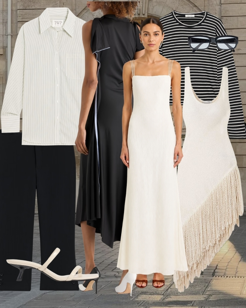 The Outnet fashion edit featuring a white knit maxi dress%2C striped separates and black evening dress styled on a city backdrop%0A