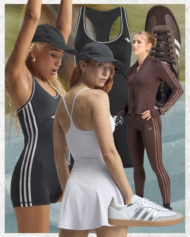 Adidas activewear collage featuring sporty dresses%2C a brown tracksuit and Samba sneakers against a tennis court backdrop
