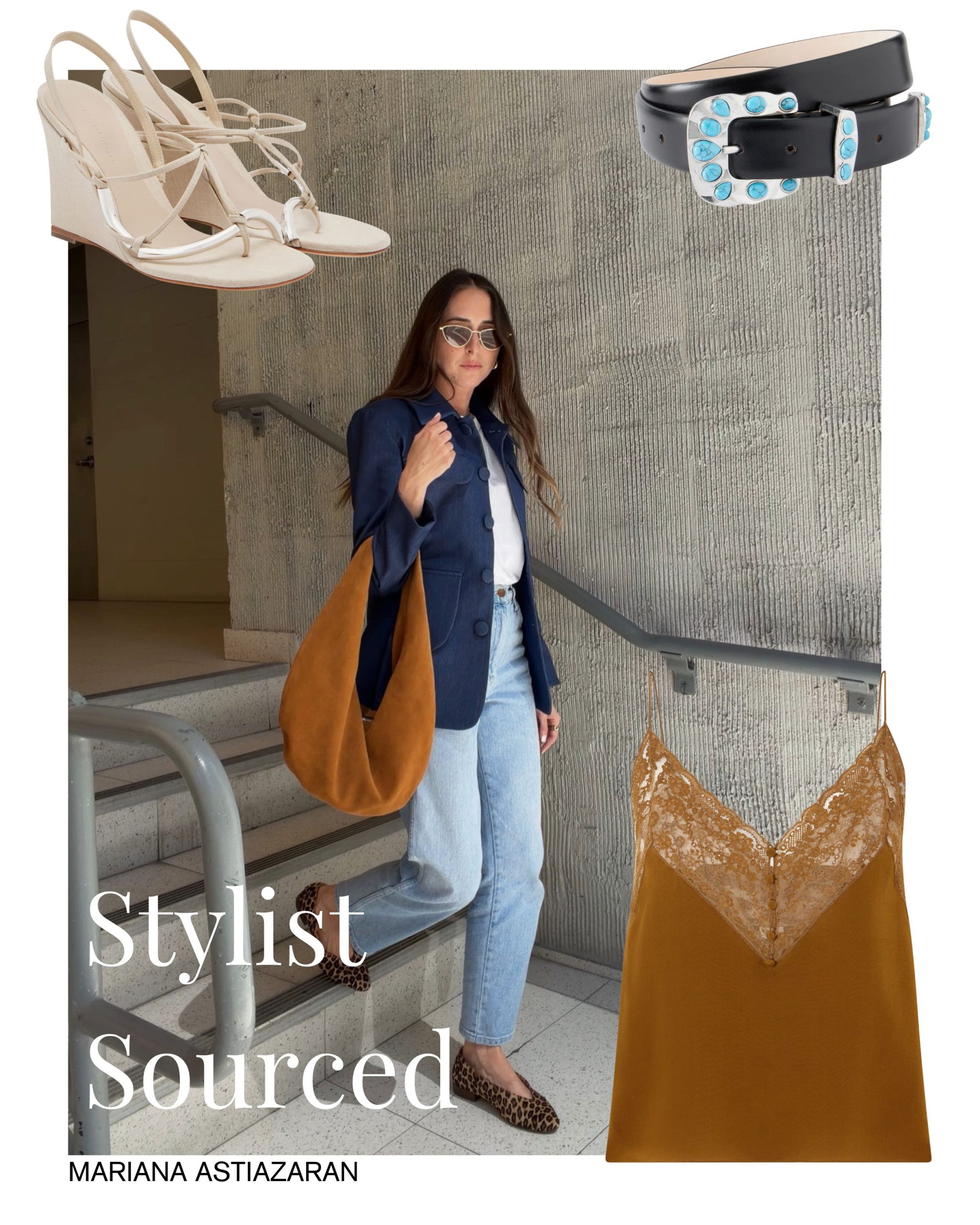 Woman wearing a navy blazer%2C white tee%2C light wash jeans%2C leopard print flats%2C and carrying a large tan suede bag with beige strappy wedge sandals%2C a black belt with turquoise stones%2C and a mustard lace-trim camisole displayed around her
