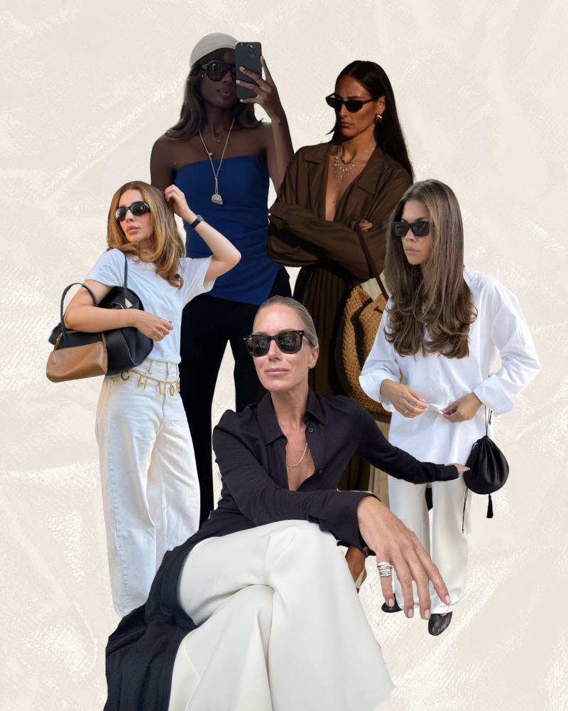 Chic summer capsule wardrobe featuring women in stylish outfits%2C including a black blouse%2C relaxed white trousers%2C and trendy sunglasses.