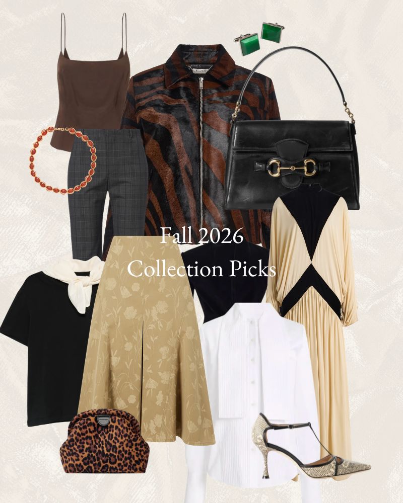 Fall 2026 collection picks featuring a brown satin cami%2C tiger-striped jacket%2C plaid pants%2C black leather Gucci handbag%2C beige floral skirt%2C black top with white scarf%2C leopard print bag%2C color-block pleated dress%2C white button shirt%2C green cufflinks%2C and snakeskin T-strap heels