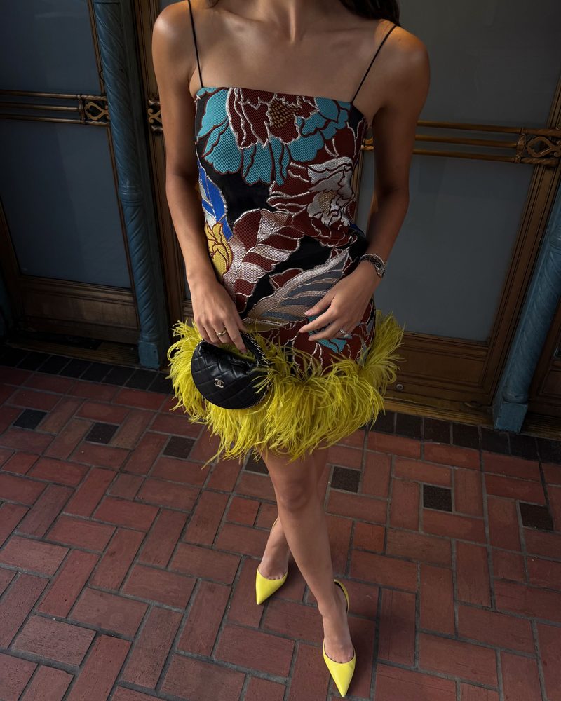 Colorful embroidered mini dress features a vibrant floral pattern with a playful feather trim%2C paired with a chic black Chanel purse and bright yellow heels