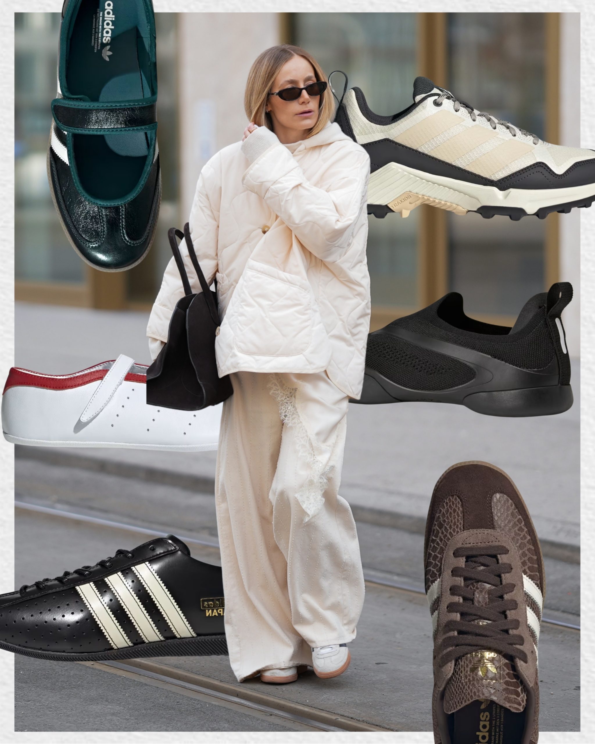 Street style look in a cream quilted jacket and wide-leg trousers%2C surrounded by Adidas sneakers on a city backdrop