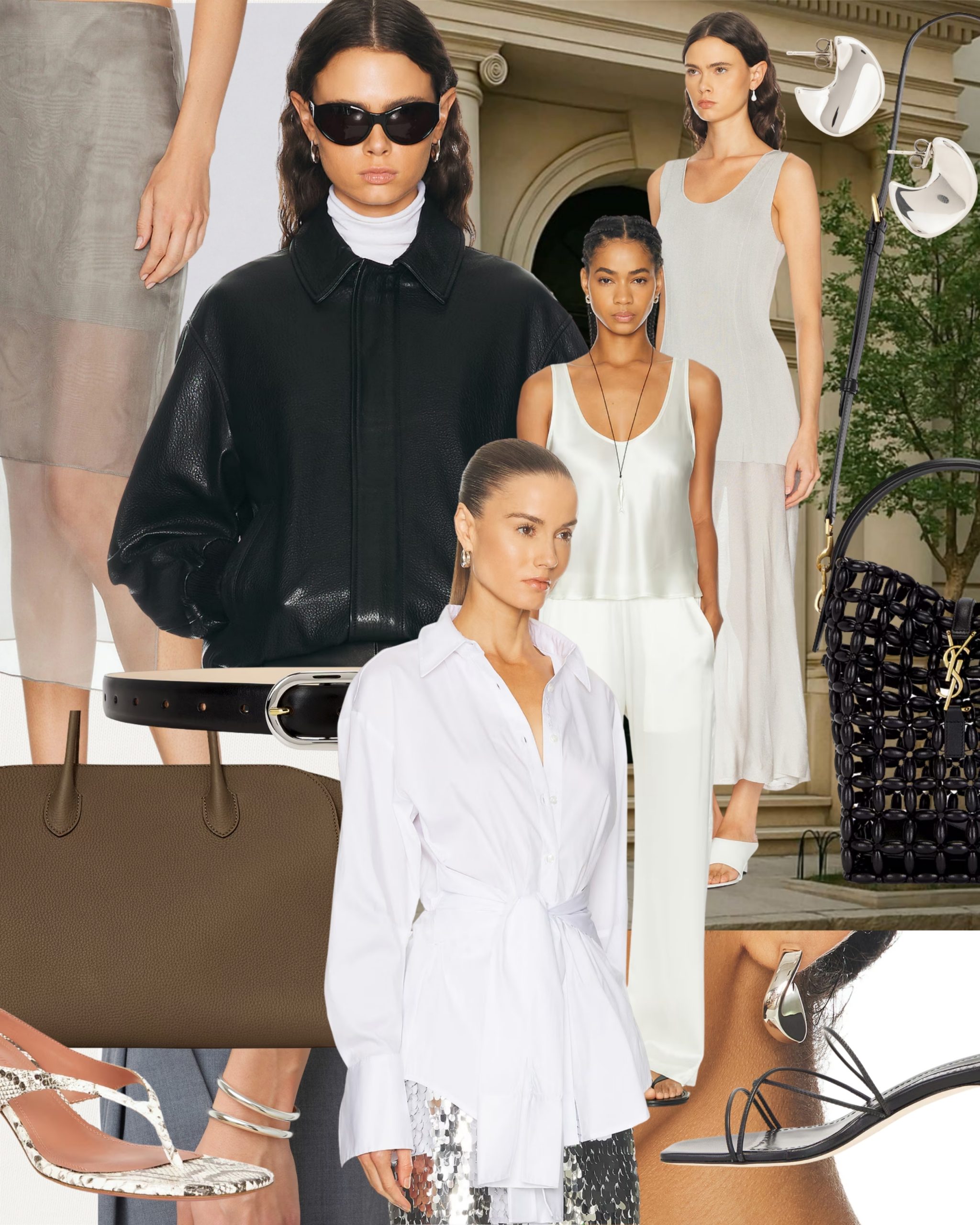 Women%27s minimalist looks with white tailoring%2C black leather%2C statement bags and heels in a luxury fashion collage