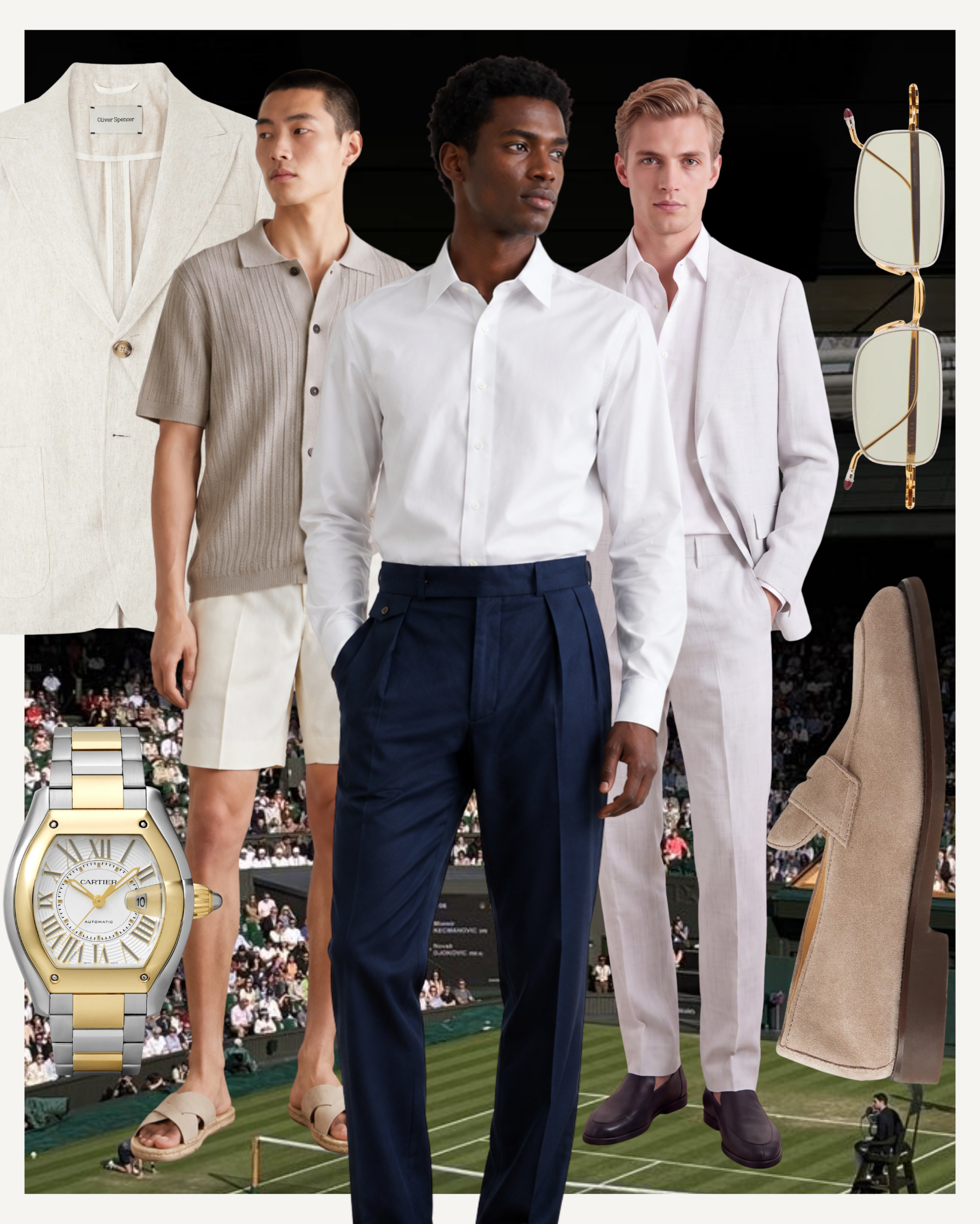 Men%27s summer tailoring featuring linen suits%2C crisp shirting%2C suede loafers and Cartier watch at a tennis tournament backdrop