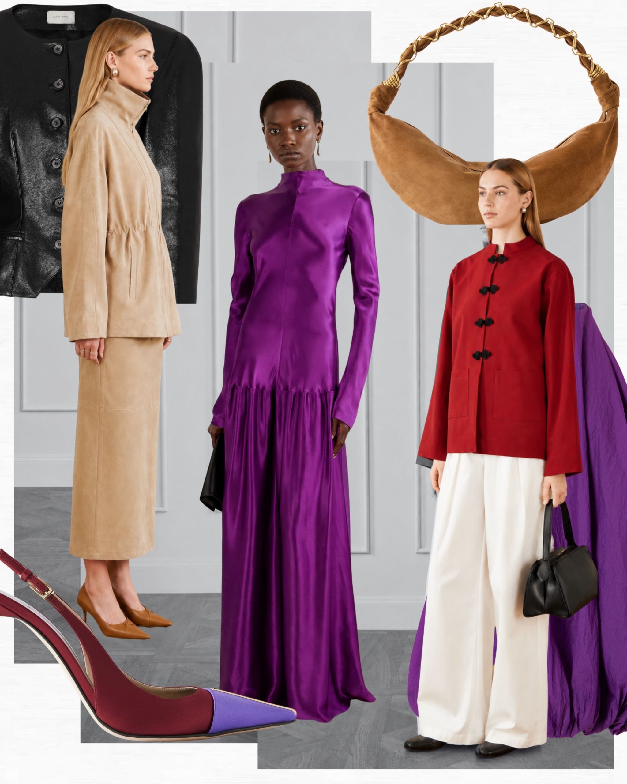 Marina Rinaldi looks in vivid purple%2C red and beige tailoring styled with statement bags and heels in a studio collage
