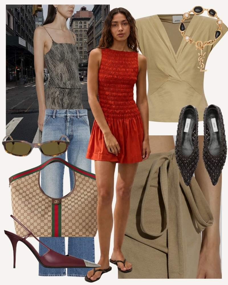 New arrivals fashion collage featuring a red mini dress%2C Gucci tote bag%2C woven flats and neutral separates in a city-inspired setting%0A