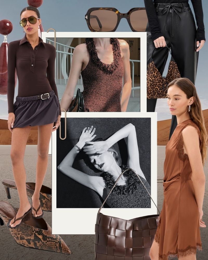 Brown fall fashion collage featuring mini dresses%2C leather pants%2C woven handbag%2C sunglasses and snakeskin heels%0A