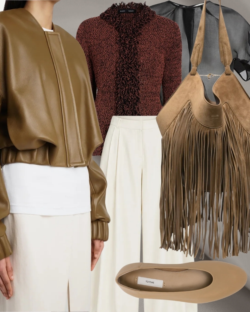 Fall fashion edit featuring a brown leather jacket%2C textured knit%2C white trousers%2C fringed suede bag and Toteme flats%0A