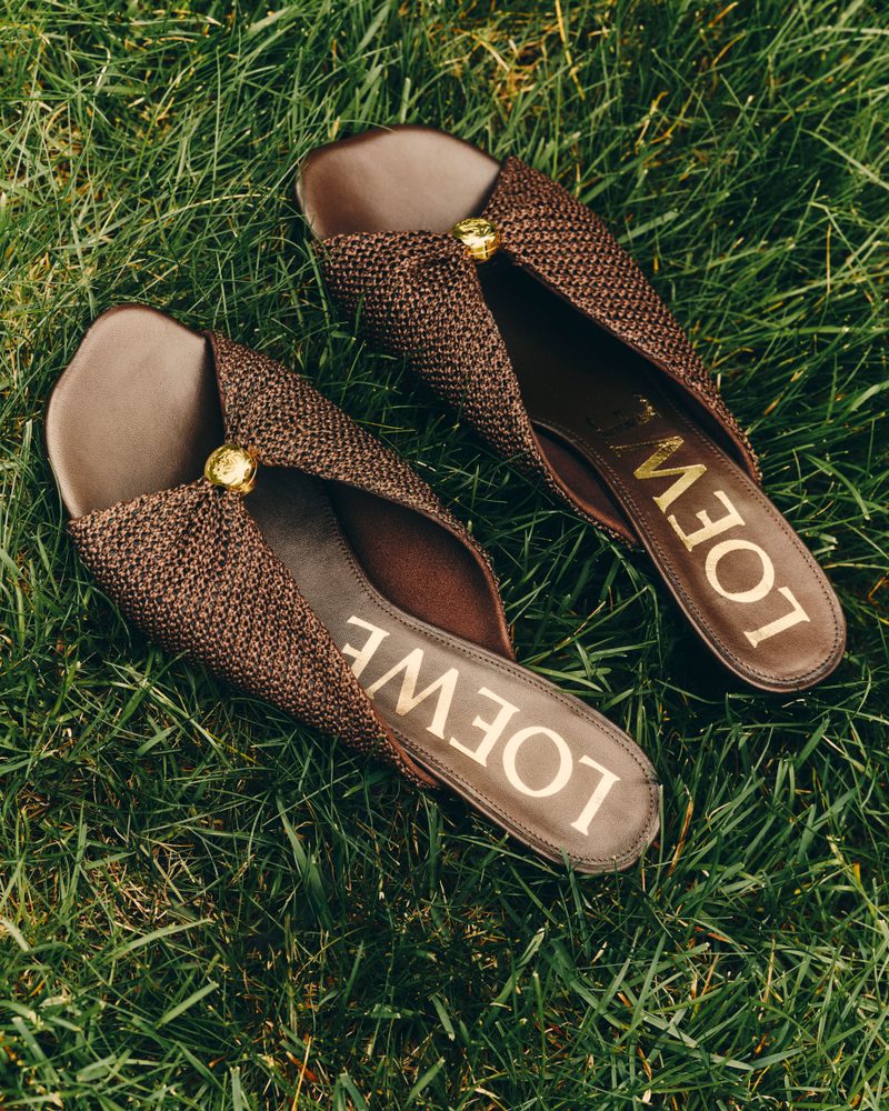 Loewe woven raffia slide sandals with gold-tone hardware%2C styled on lush green grass for a chic summer look