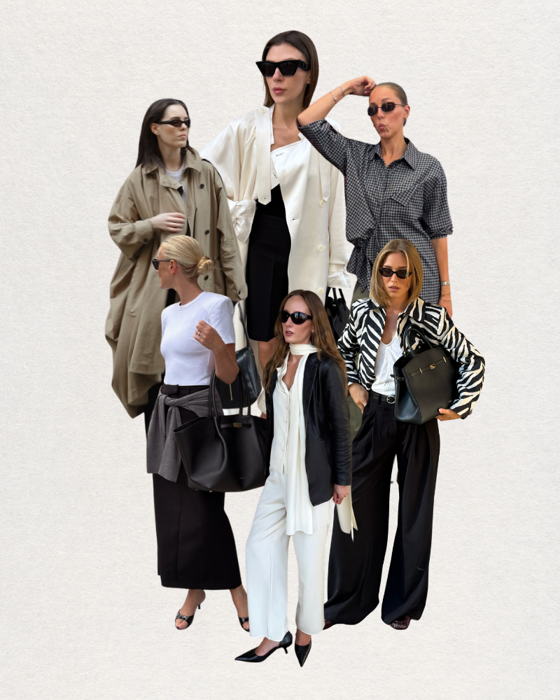 Chic European fall outfits featuring layered styles in neutral tones%2C oversized outerwear%2C and stylish accessories like mini bags and sunglasses
