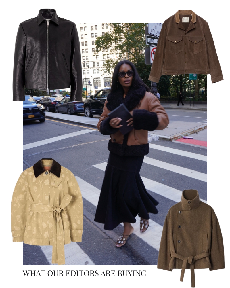 Woman wearing a brown shearling jacket with black fur trim%2C black midi skirt%2C and sunglasses%2C styled for fall street fashion
