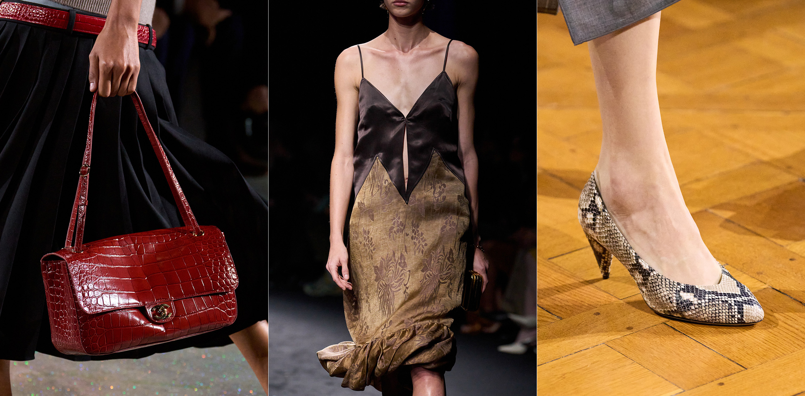 Fall runway details featuring a red croc-effect bag, satin floral dress and snakeskin pumps on the catwalk