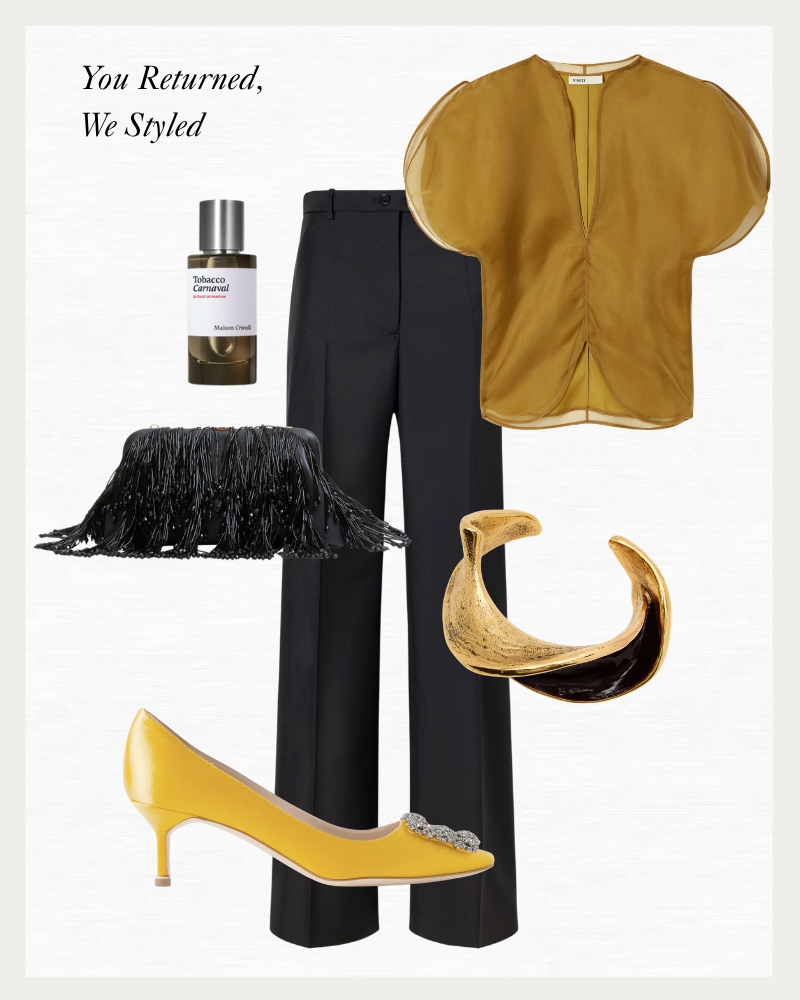 Mustard organza blouse paired with black tailored trousers%2C yellow kitten heels with crystal detail%2C black fringe clutch%2C gold cuff bracelet%2C and Maison Crivelli Tobacco Carnaval perfume