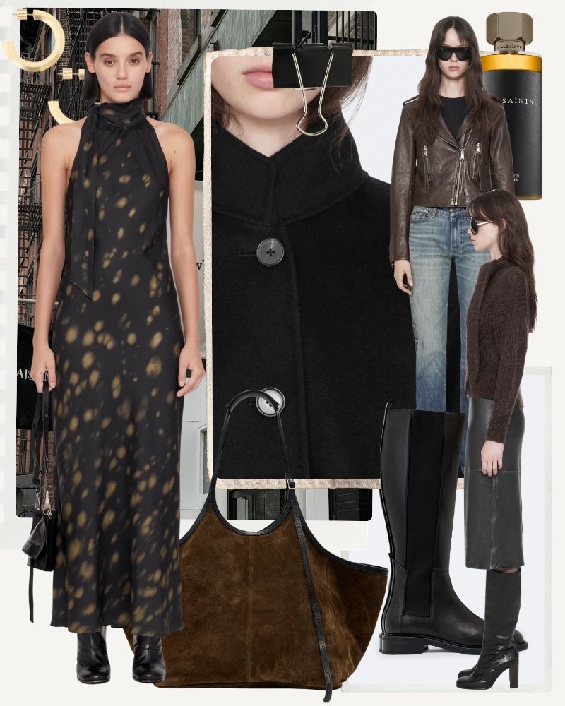 AllSaints fall fashion collage featuring a printed maxi dress%2C leather jacket%2C suede tote and black knee-high boots