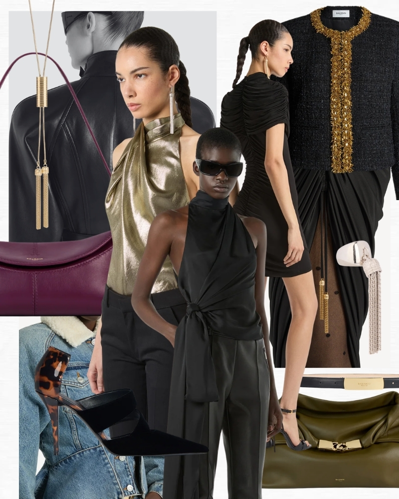 Balmain fashion collage featuring metallic tops%2C black draped dresses%2C tailored trousers%2C statement jewelry and leather handbags