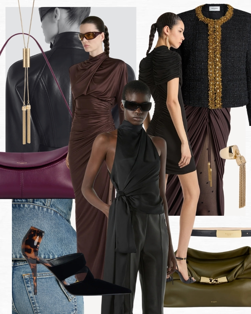 Balmain fashion edit featuring draped black and brown looks%2C gold jewelry%2C sleek bags and pointed heels