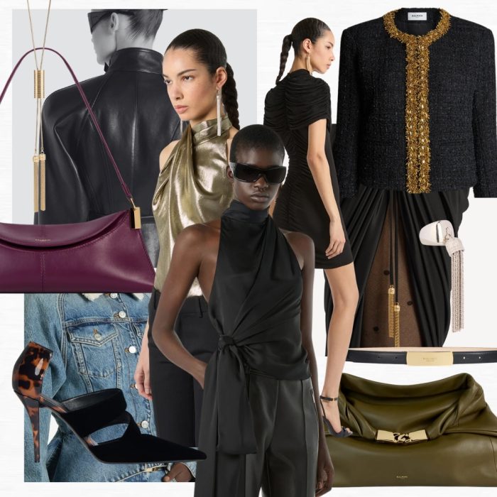Balmain fashion collage featuring metallic tops, black draped dresses, tailored trousers, statement jewelry and leather handbags