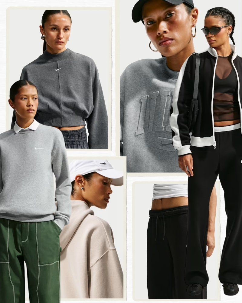 Nike sportswear collection featuring gray sweatshirts%2C black trackwear%2C relaxed pants%2C caps%2C and sneakers