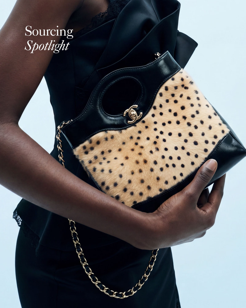 Chanel leopard print fur and black leather handbag with gold chain and logo clasp held by model in black satin dress