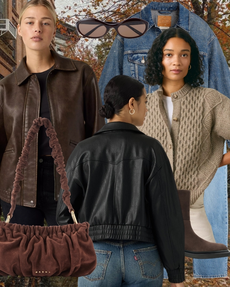 Fall fashion collage featuring brown and black leather jackets%2C denim%2C knitwear%2C Marni suede bag and ankle boots%0A