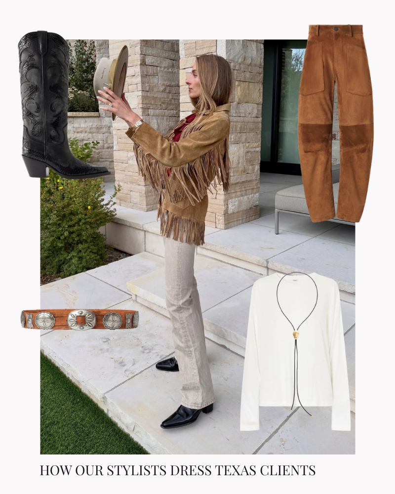 Woman wearing a tan suede fringe jacket%2C cream corduroy pants%2C black pointed cowboy boots%2C and holding a beige wide-brim hat%2C styled for Texas clients