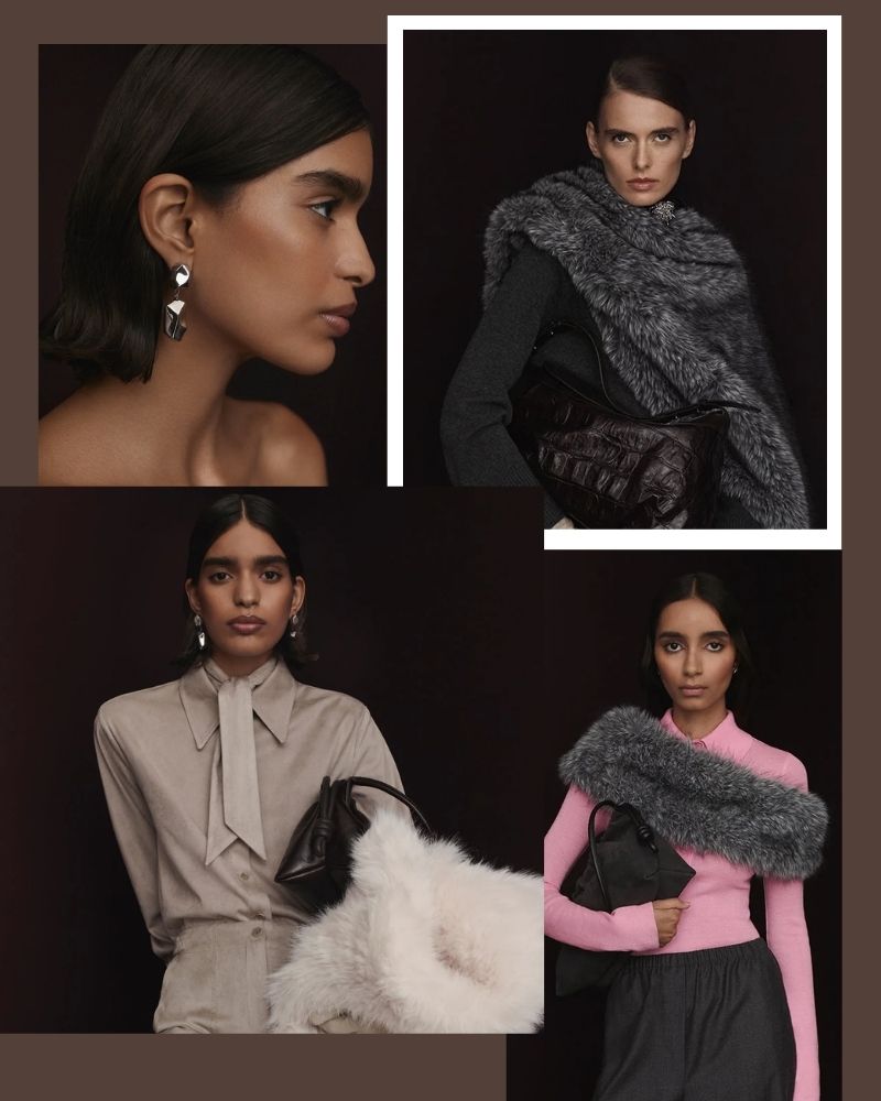 Luxury fashion collage featuring tailored dresses%2C statement jewelry and elegant outerwear in refined editorial portraits