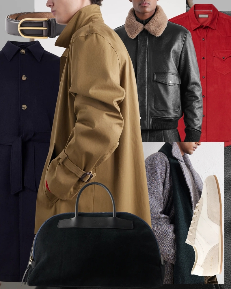 Men%E2%80%99s fall wardrobe featuring a camel trench coat%2C leather jacket%2C suede bag and white sneakers in a fashion collage